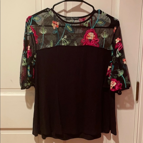 Kim & Cami | Tops | Kim Cami Black Flower Embroidered Mesh Top | Poshmark